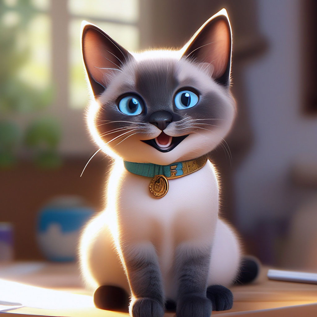 "A very beautiful cheerful Siamese cat smiles, poses for the camera ...