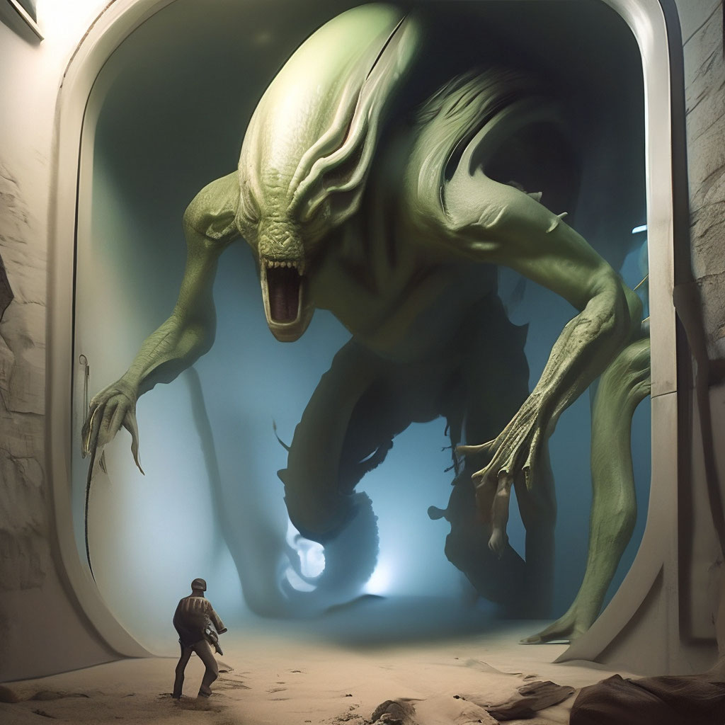 "An alien monster climbs out from the inside" — image created in Shedevrum