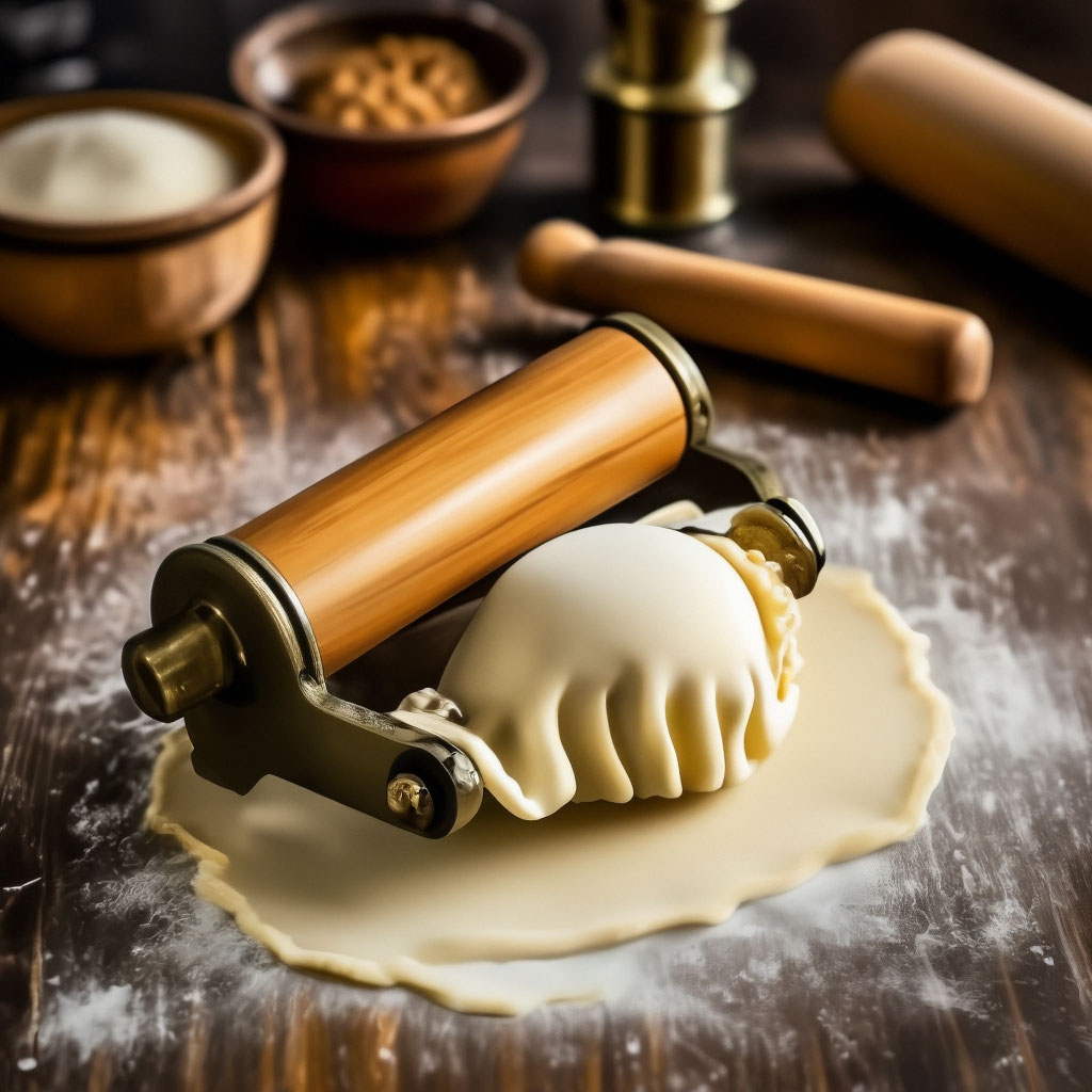 "A device for modeling dumplings, brass, a roller rolls out the dough ...