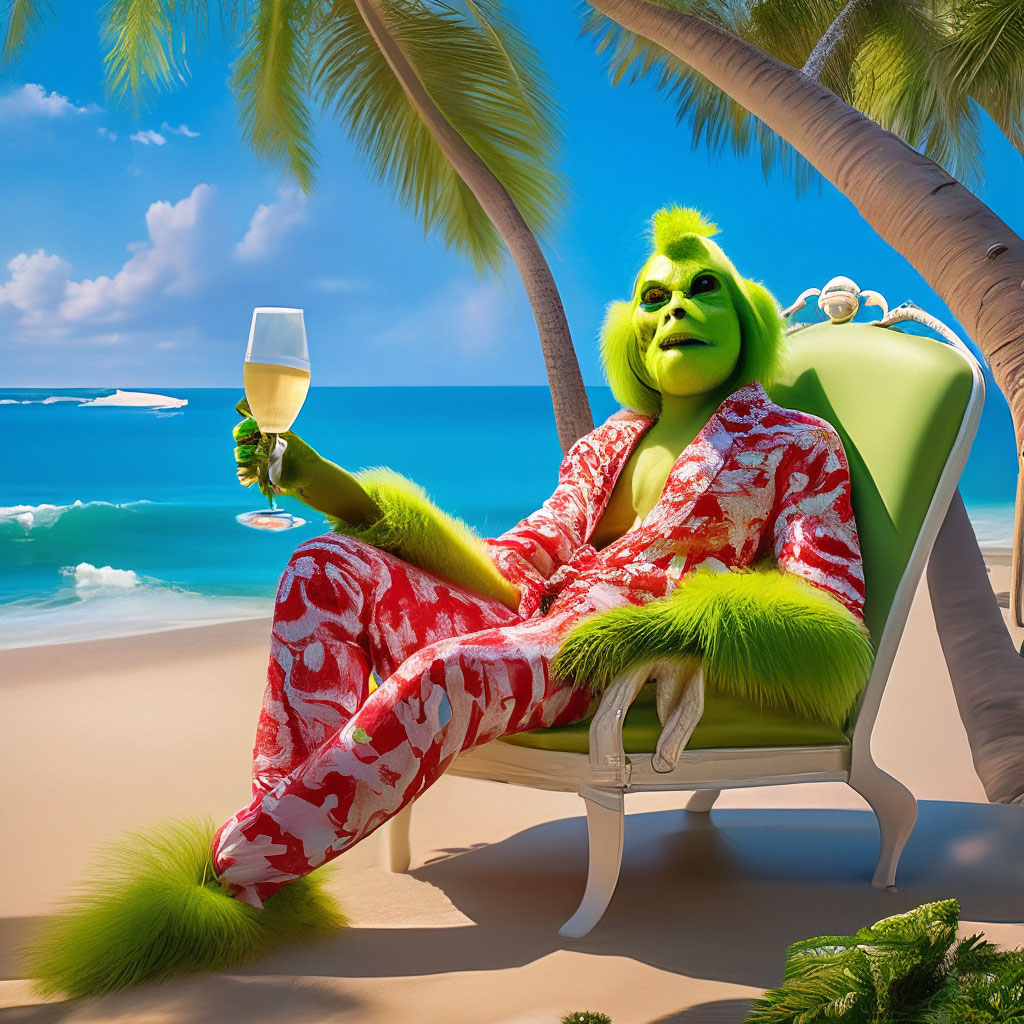 "Surrealism fantasy, Grinch sitting on a chaise longue in a Hawaiian ...