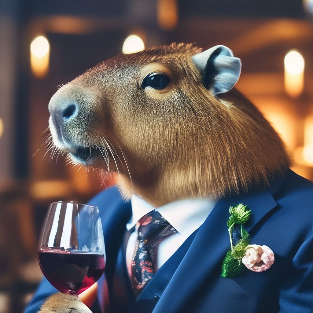 "Capybara with a glass of wine, in a suit, beautiful, close-up, 4k ...