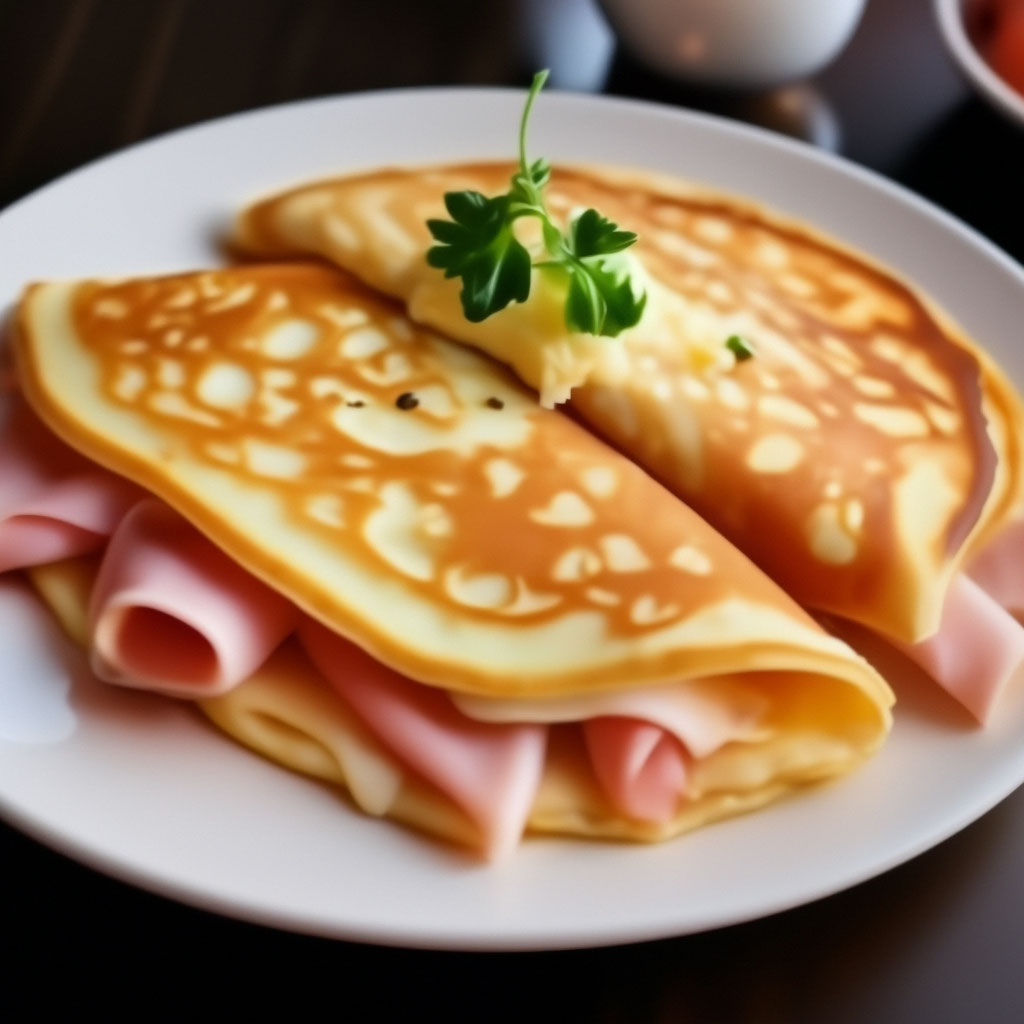 "Pancake with ham and cheese" — image created in Shedevrum