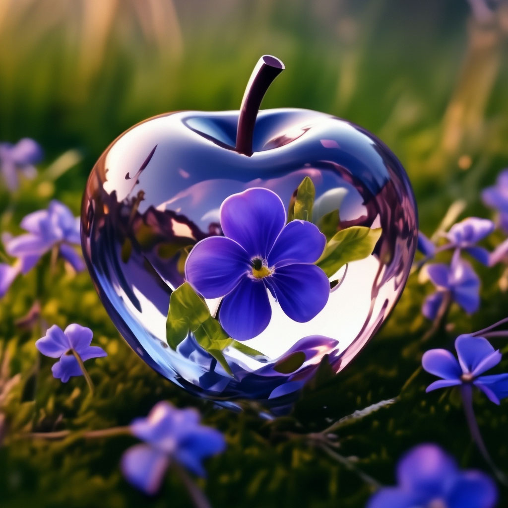 "Crystal apple on the grass with violets inside" — image created in ...