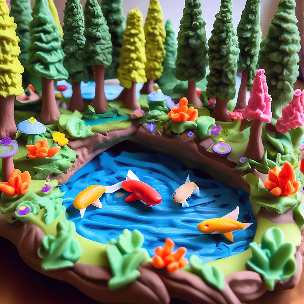 "Forest spring with plasticine fish" — image created in Shedevrum