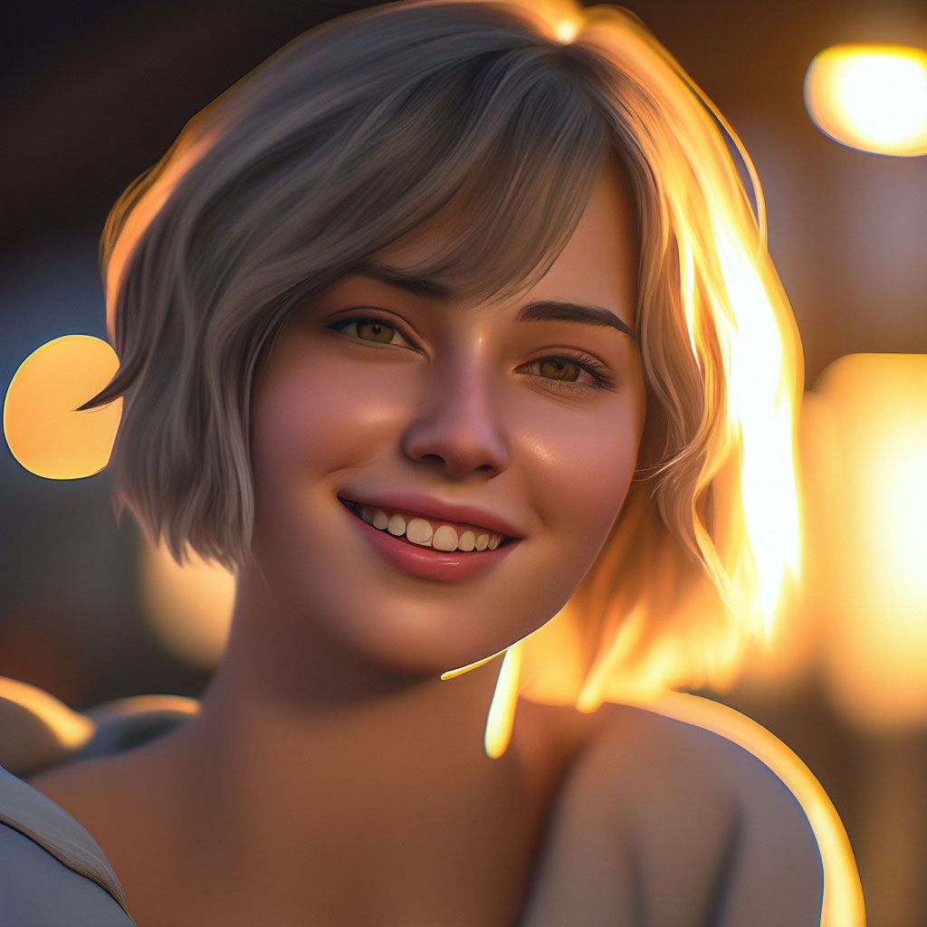 "Girl, bob haircut, sensual, languid, gentle, looks with a smile ...