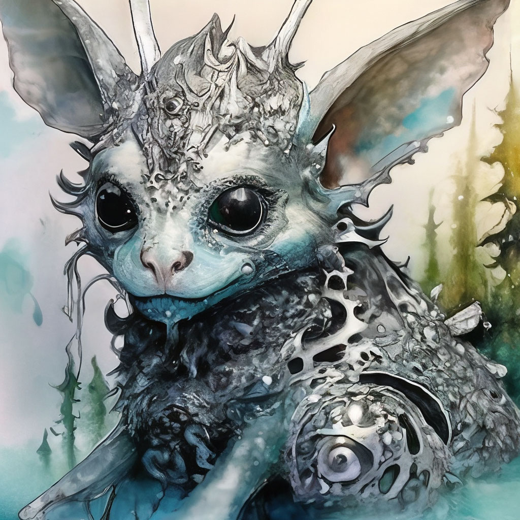 "Watercolor, Gremlin fine drawing in black ink with silver, beautiful ...