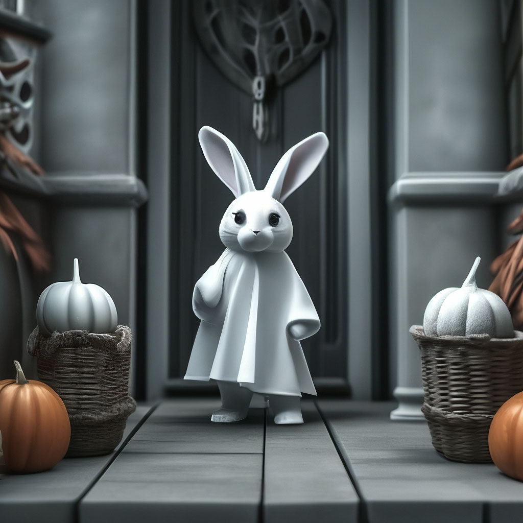 "Anthropomorphic cute rabbit, dressed as a ghost, standing on the ...