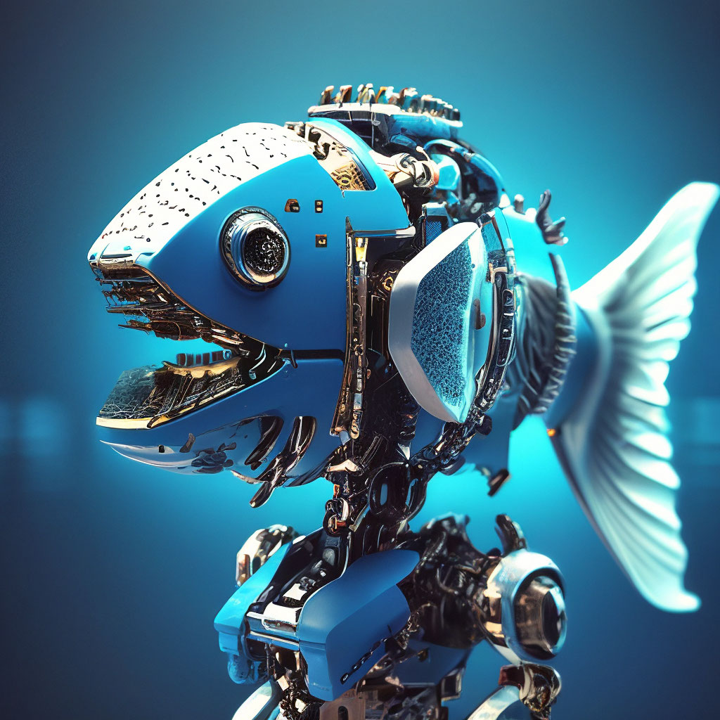 "Very technological Fish bot pixel image in techno style blue cyber ...
