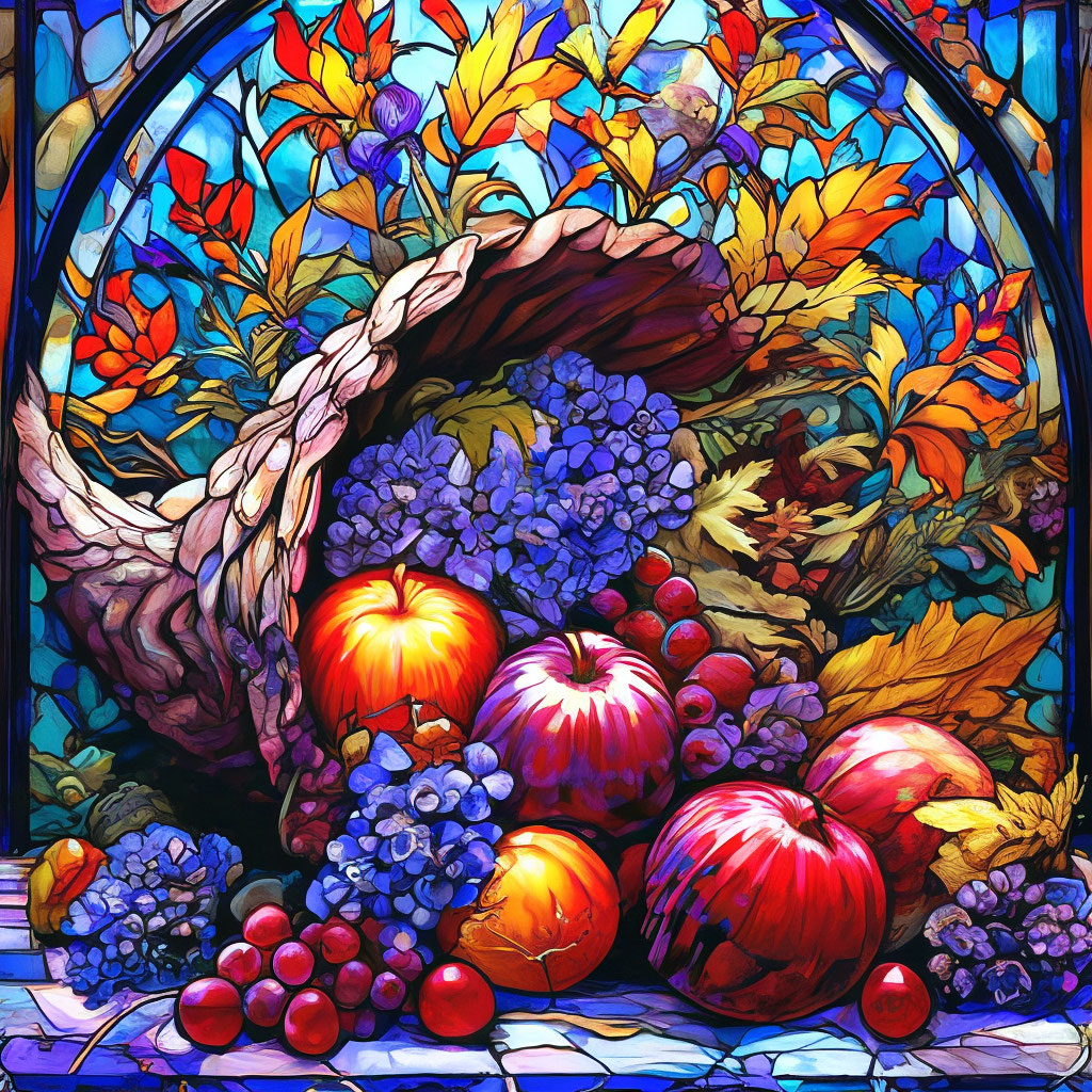 "Cornucopia, autumn harvest blue purple red, grunge, glass, gothic ...