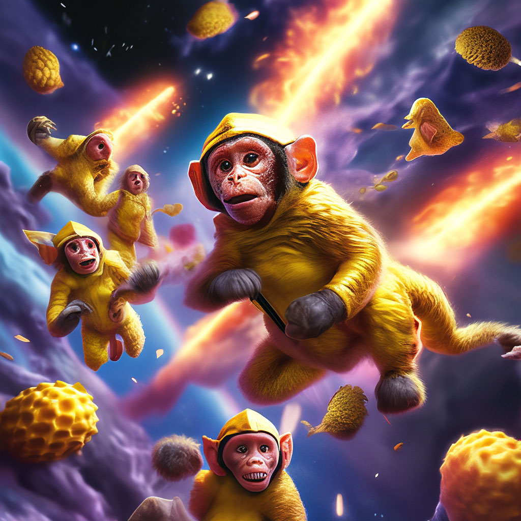 "Magic monkeys are flying in a panic in space and attacking scary ...