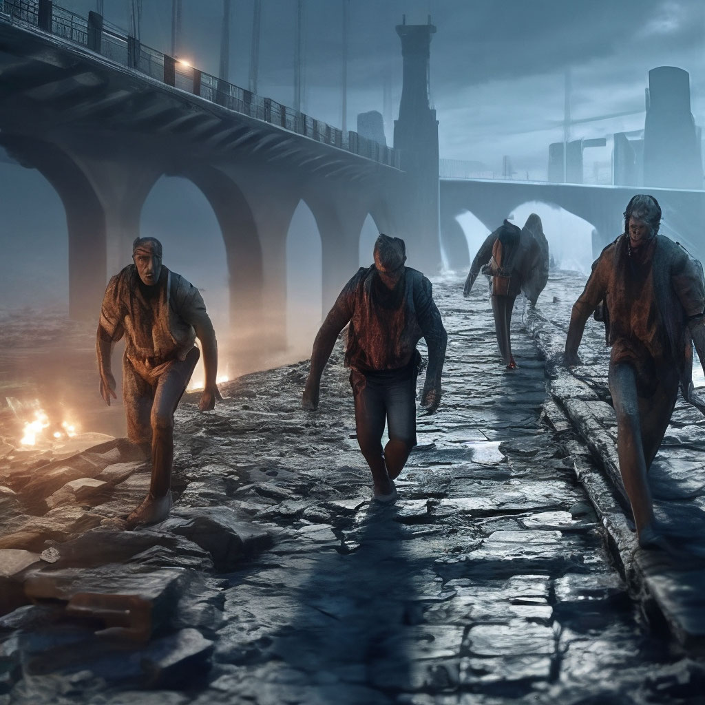 "Crossing: Several zombies jump over the cracks in the bridge, walking ...