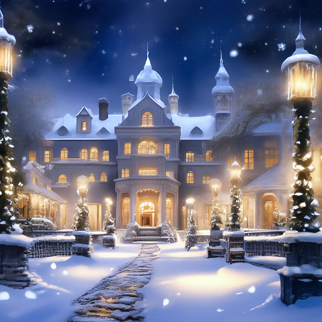 "Fabulous landscape, estate, lights, lanterns, decorations, snow, night ...