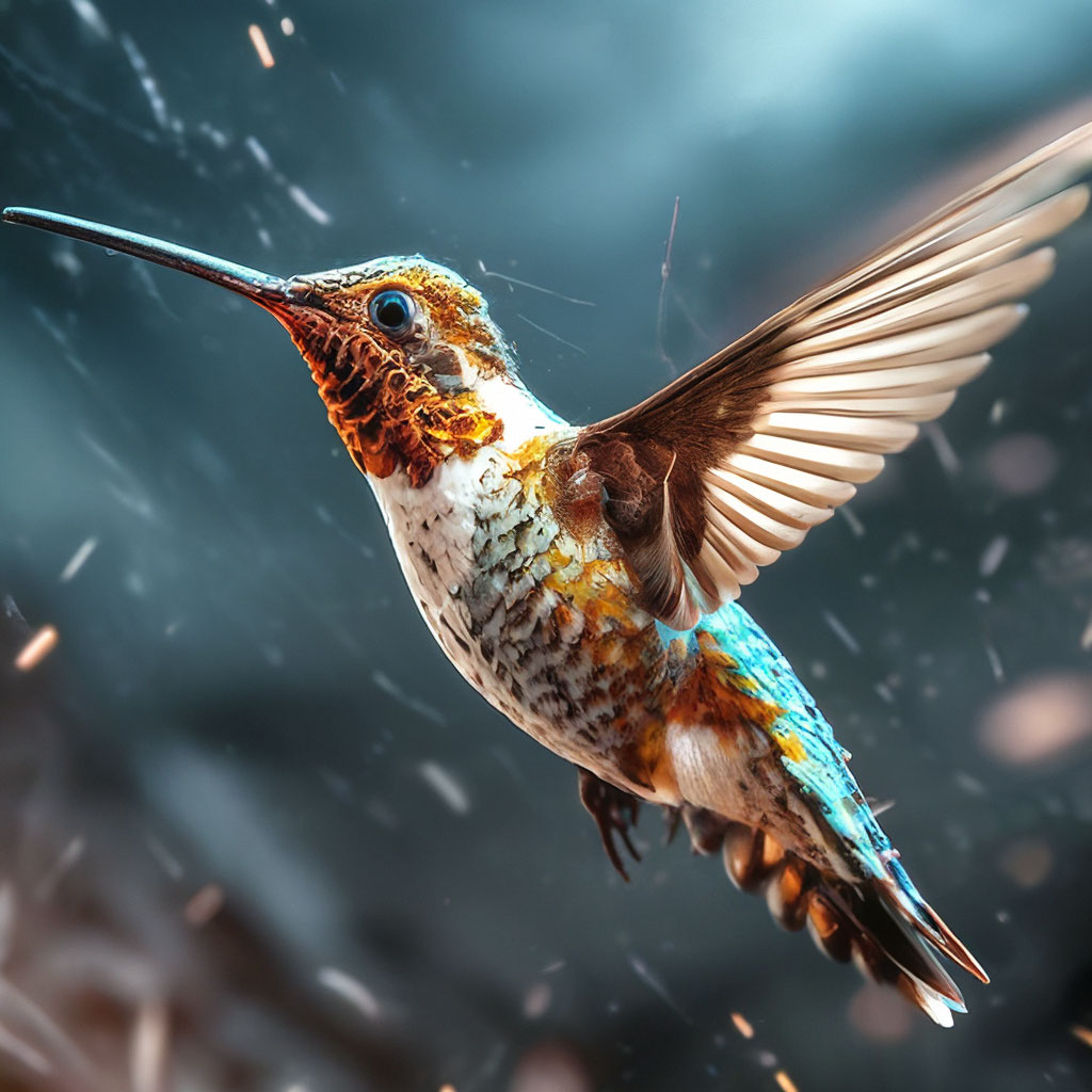 "A hummingbird in flight, close-up, highly detailed, high-speed ...