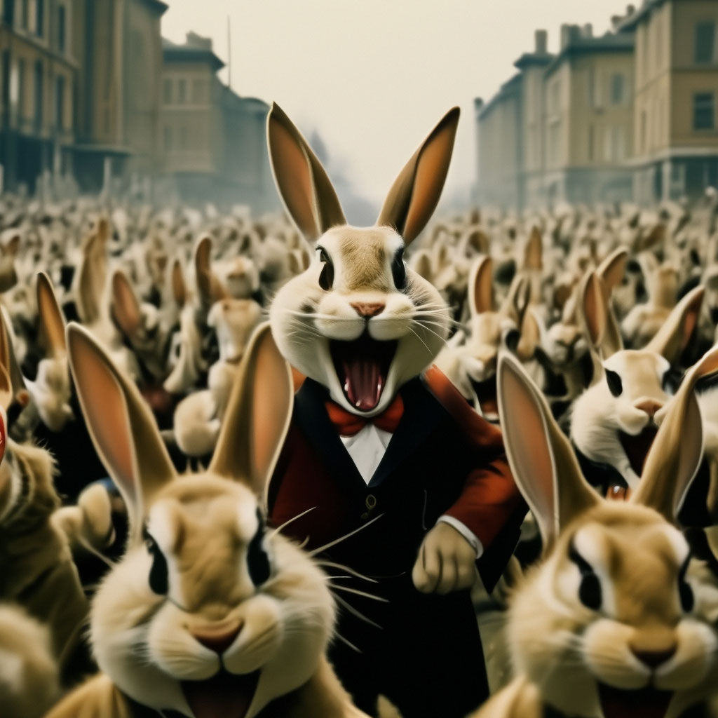 "Rabbits scream at a cartoon rally" — image created in Shedevrum