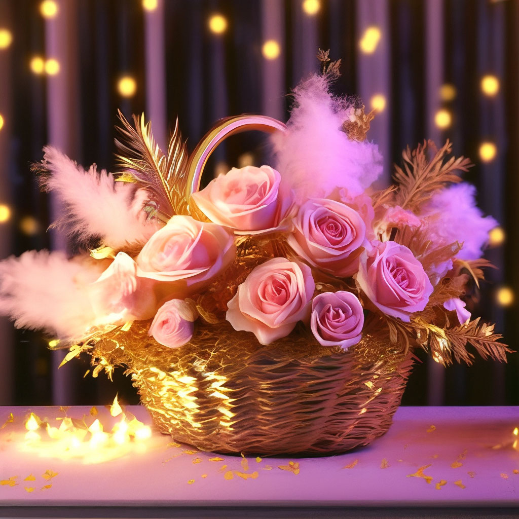 "Voluminous shining pink fluorescent plants in a basket, roses ...
