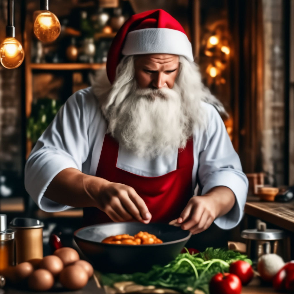 "Santa Claus is cooking breakfast in the kitchen" — image created in ...