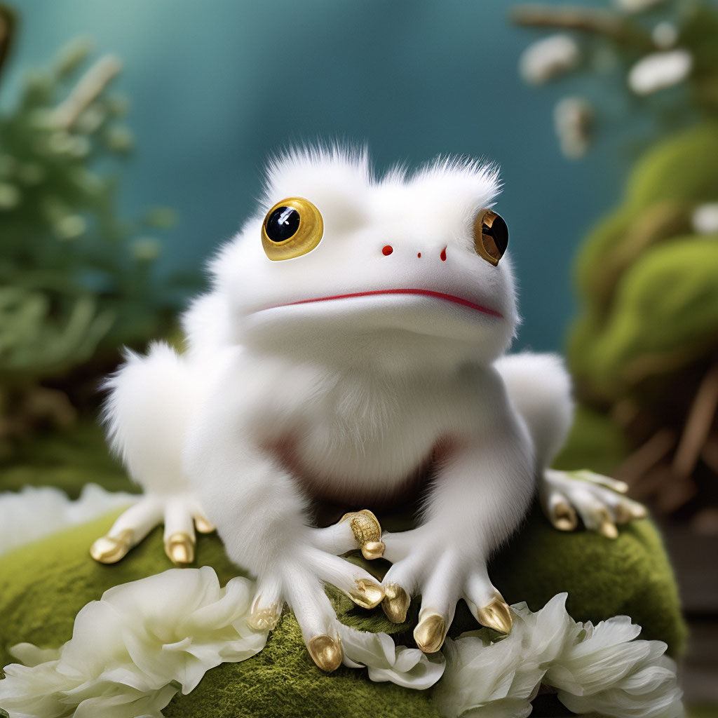 "The frog is white and fluffy" — image created in Shedevrum