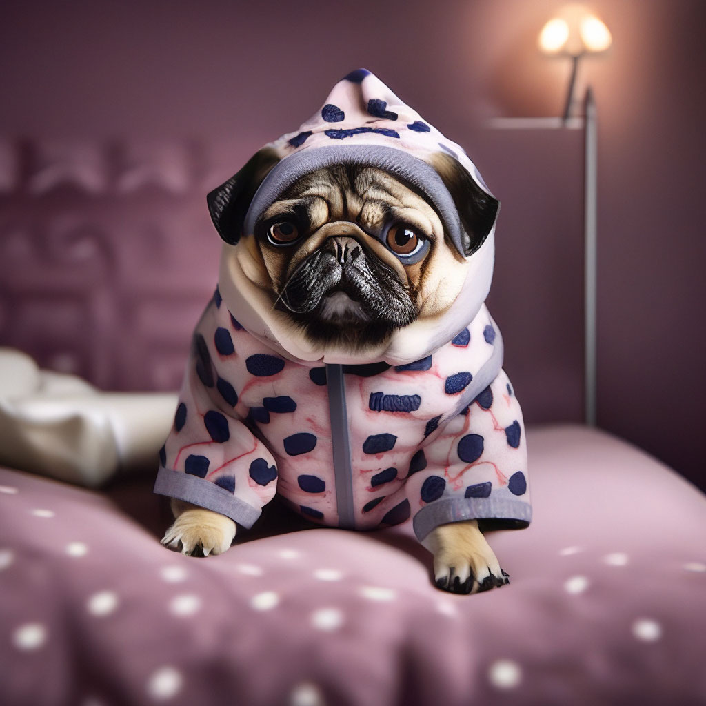"A pug in pajamas goes to bed" — image created in Shedevrum