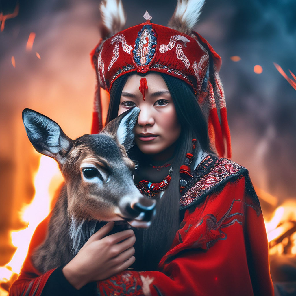 "Altai shaman girl, heavy gaze, sparks in the air, red feathers on her ...