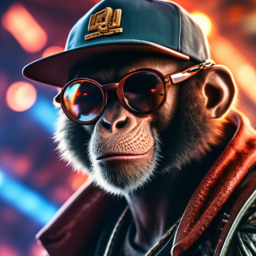 "Monkey rapper, wearing glasses and a baseball cap, on stage, light ...