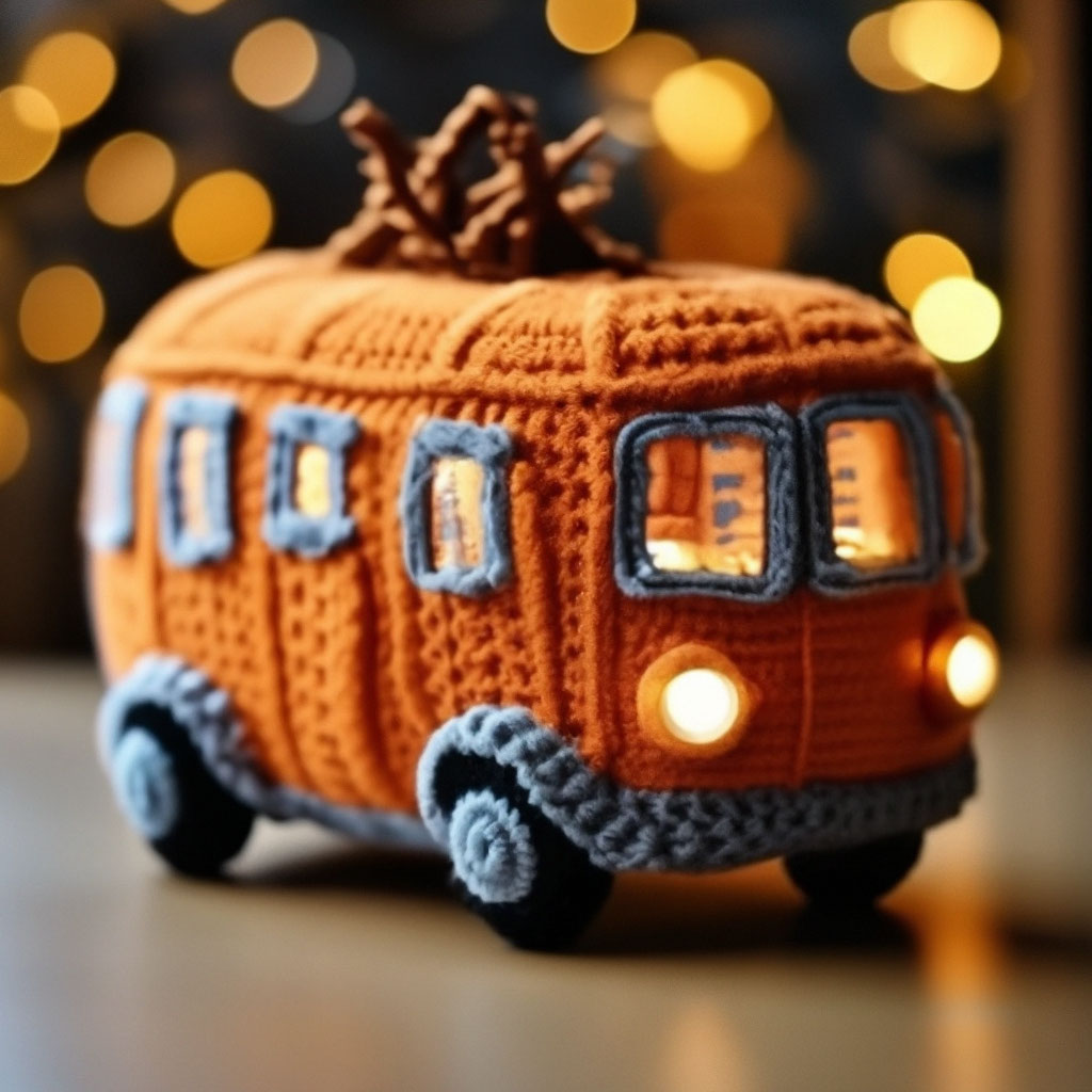 "Amigurumi beautiful unusual knitted bus connected, hybrid, pumpkin ...