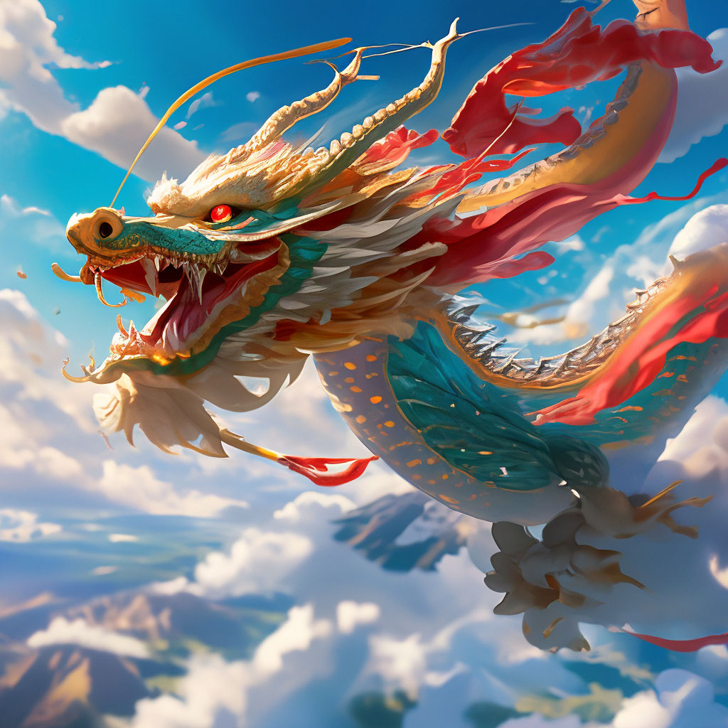 "Japanese dragon flies across the sky" — image created in Shedevrum