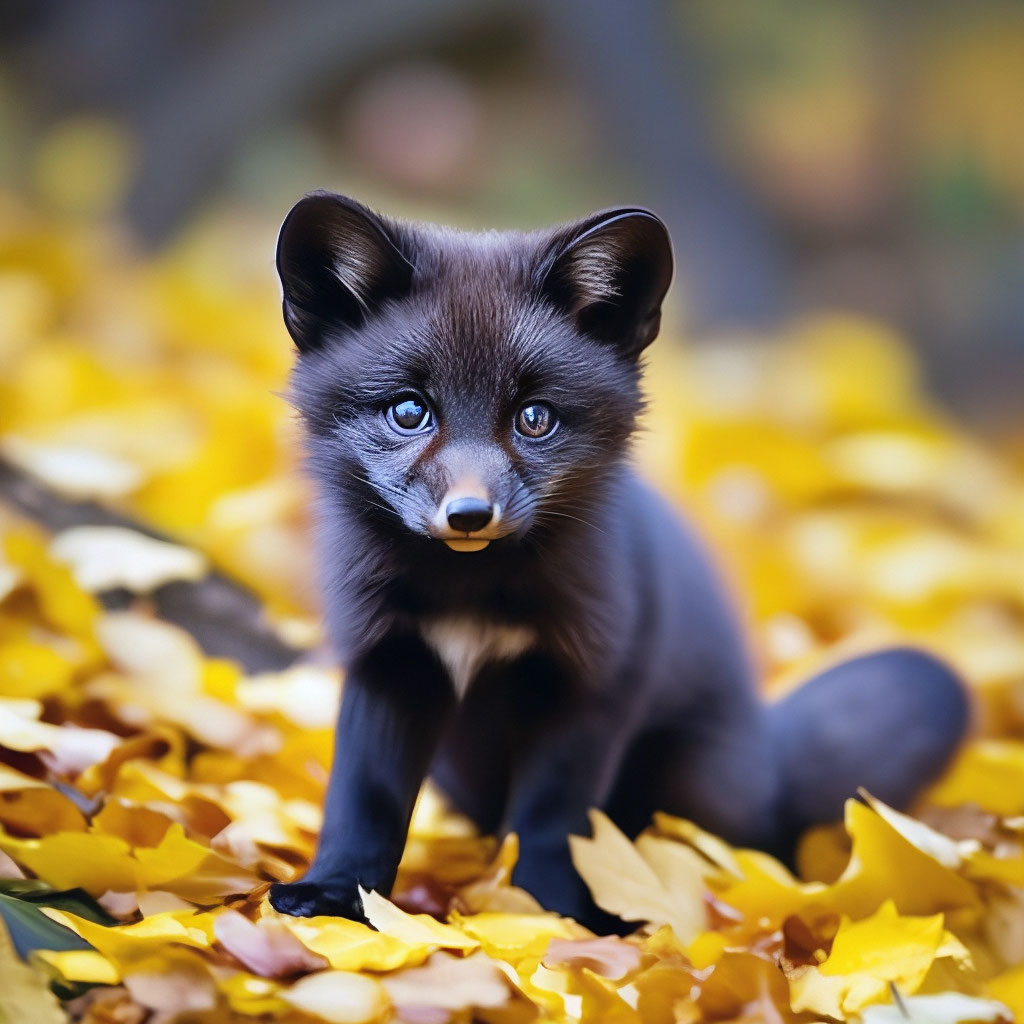 "Cute black fox cub in yellow fallen leaves" — image created in Shedevrum