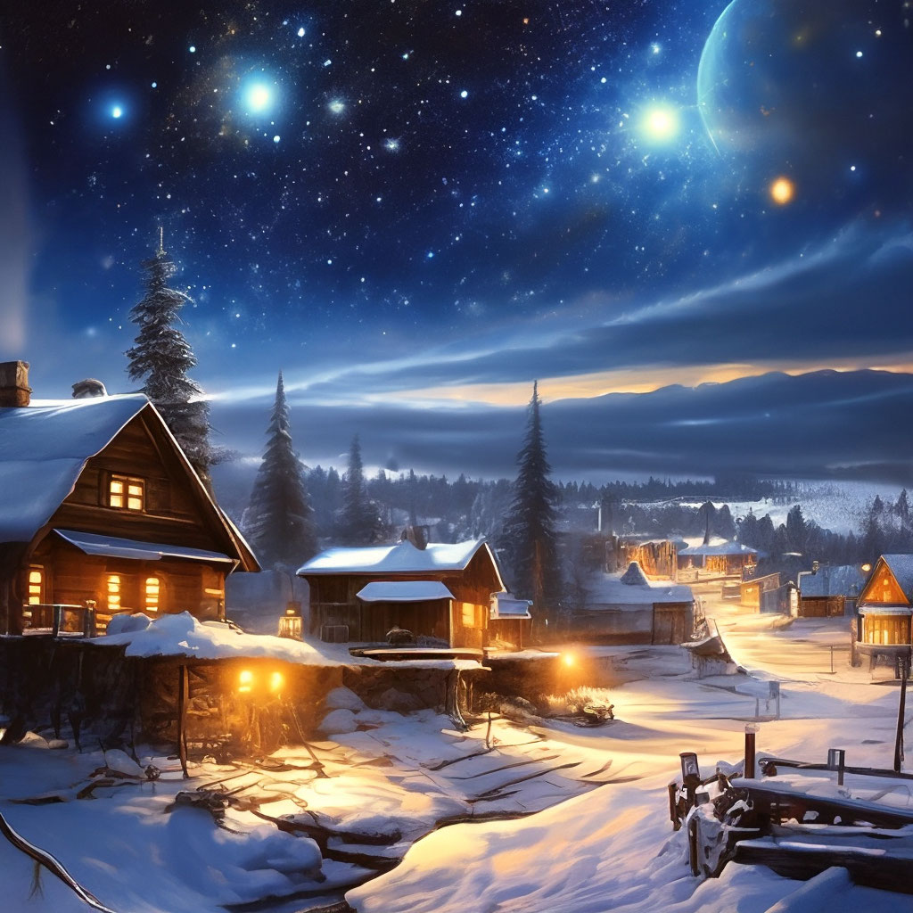 "Russian village, landscape, winter night, bright stars, planets ...