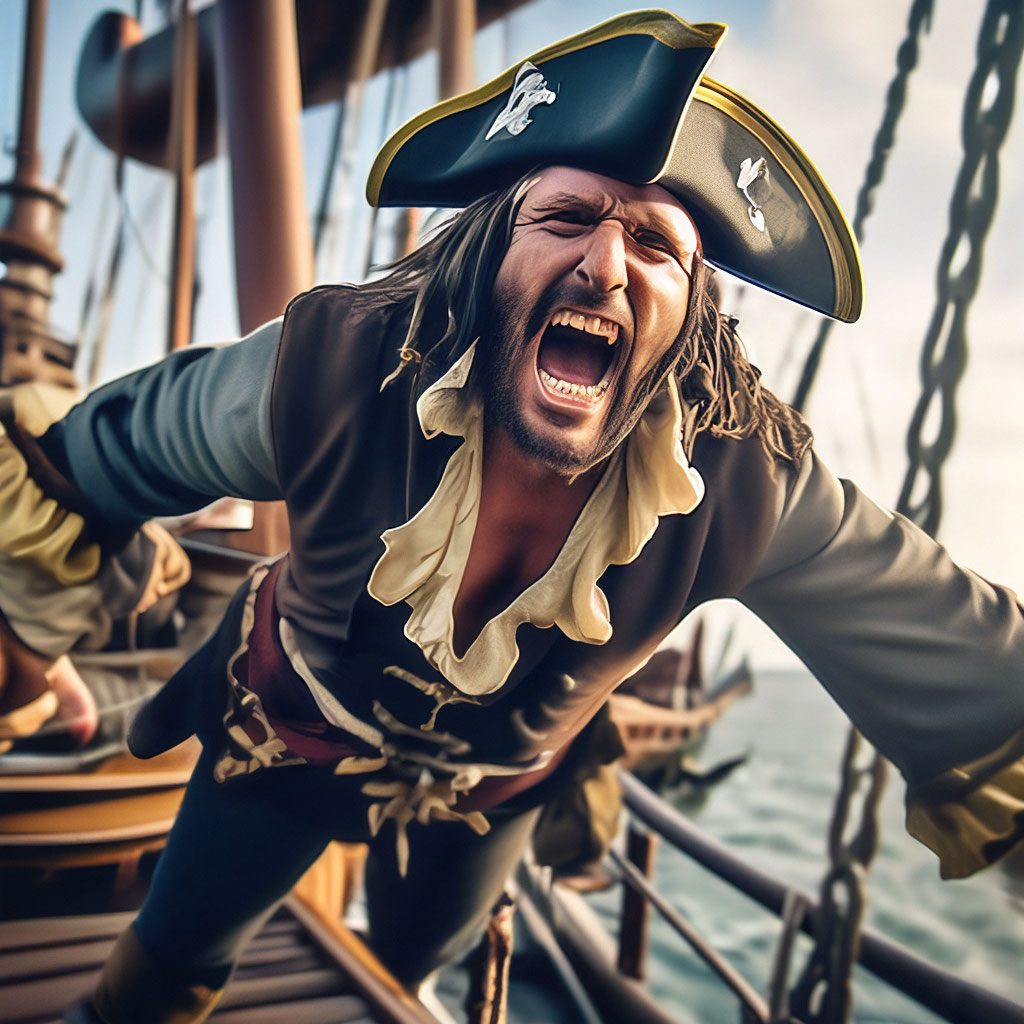 "A clumsy pirate slips, hovers in a fall face forward into the camera ...