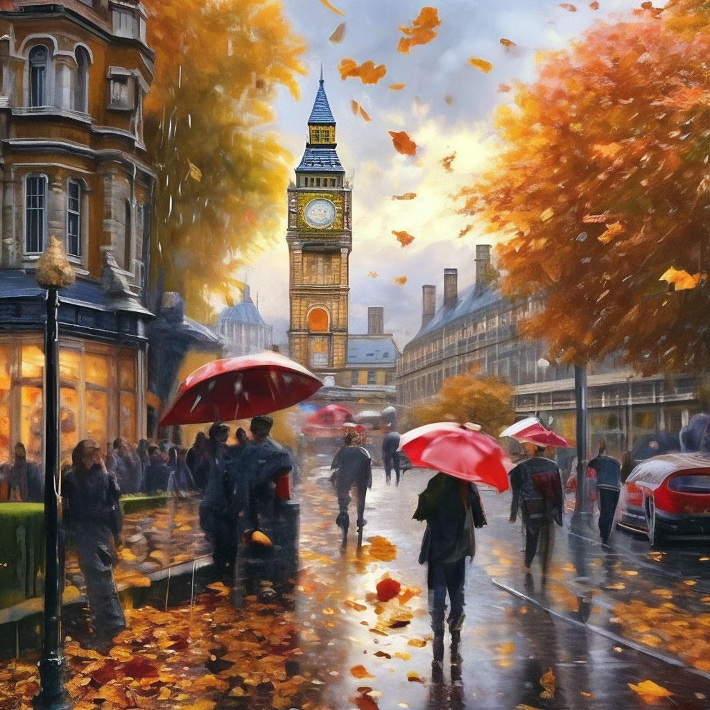 "Autumn in London, it rains and leaves fall, realistic, beautiful, high ...