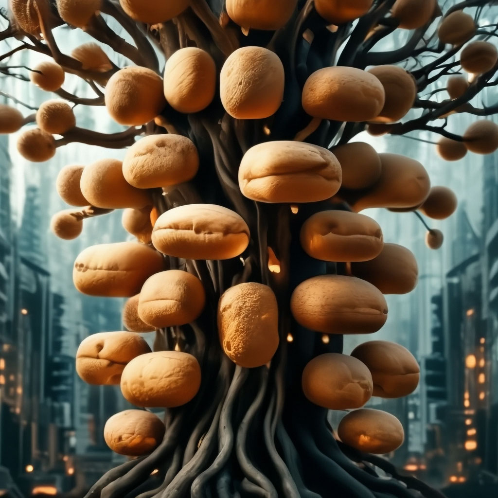 "A tree with loaves of bread growing on its branches" — image created ...