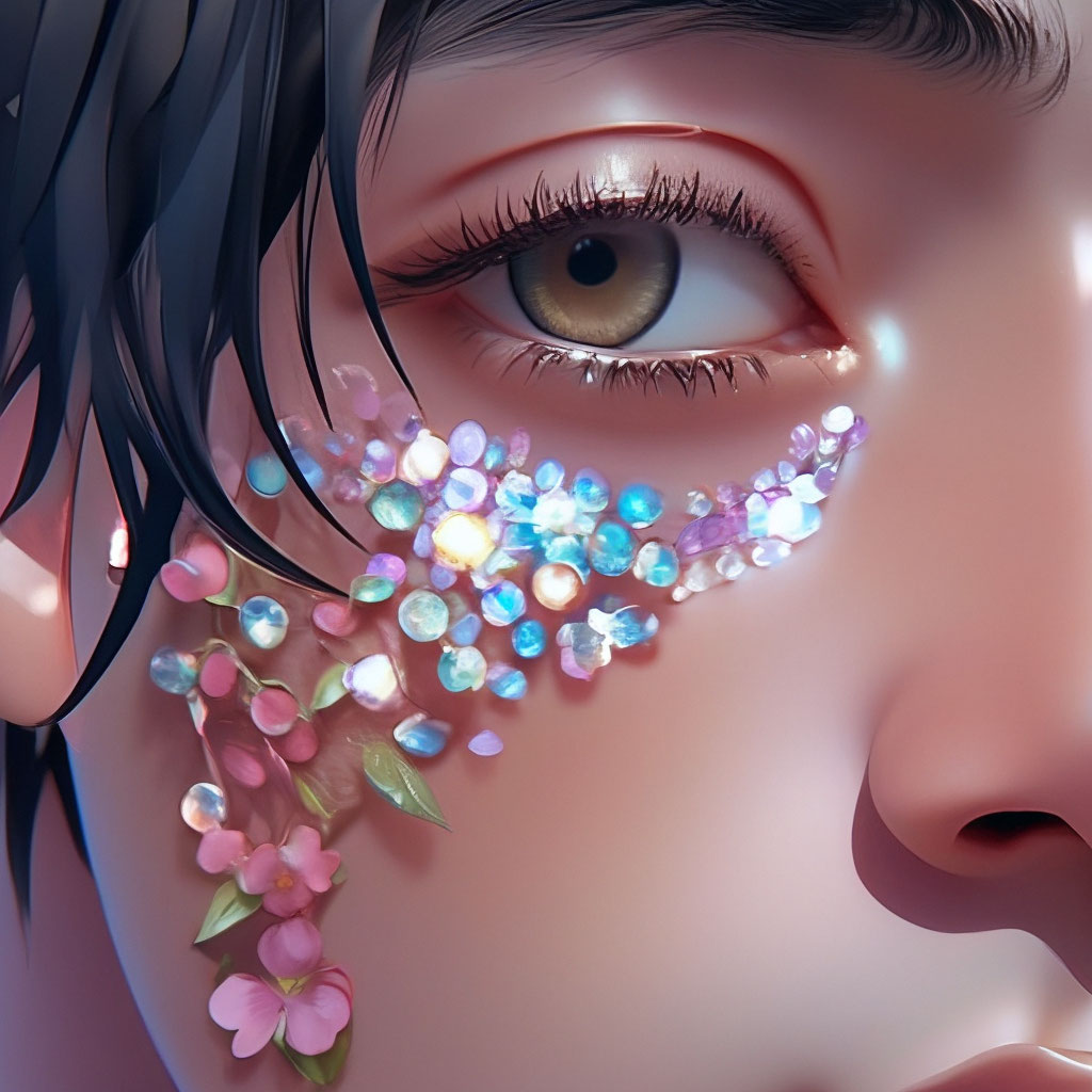 "A guy about 18 years old, dark hair, close-up, sequins on his face and ...