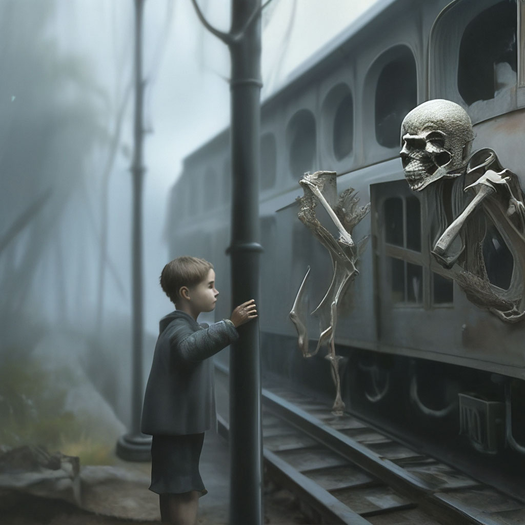 "The boy stuck his head out of the train , the skeleton is hanging on a ...