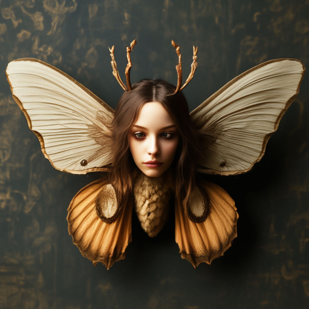 "A moth with a girl's face and singed wings" — image created in Shedevrum