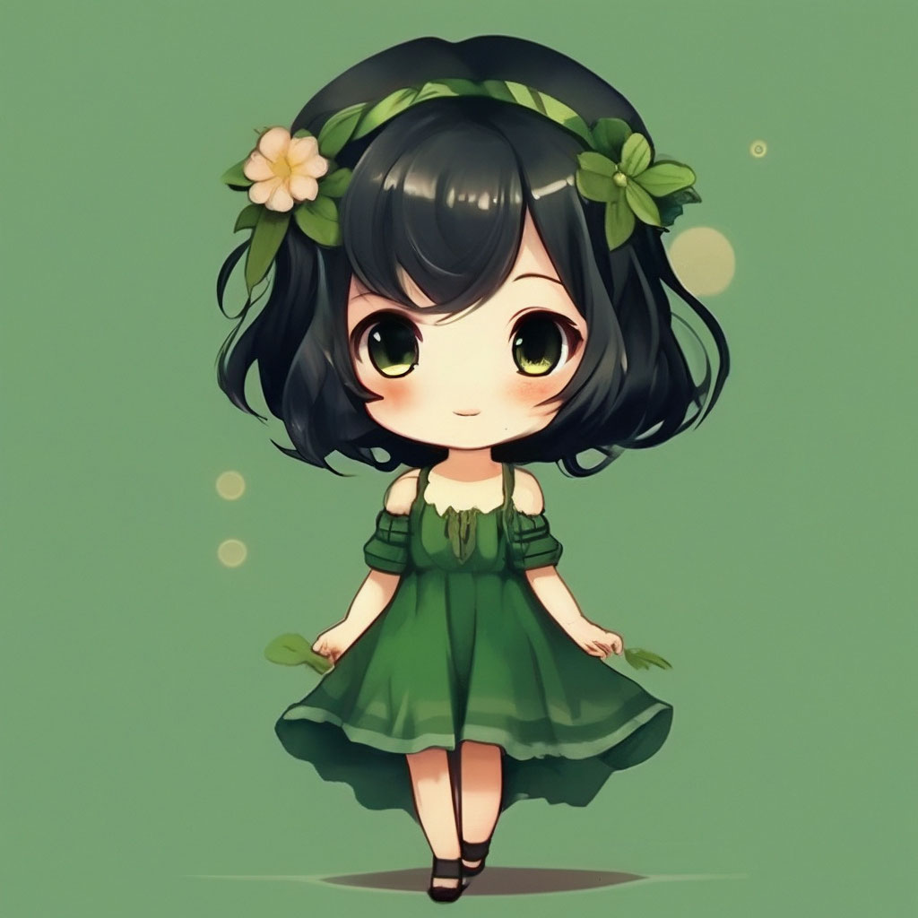 "💐 Cute chibi girl, short black hair, green dress, cute, aesthetic ...