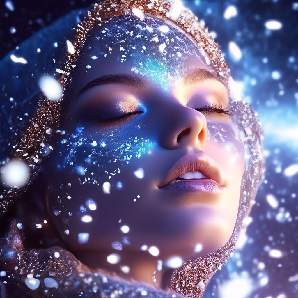 "Girl + galaxy, double exposure, cosmic landscape, diamond glitter ...