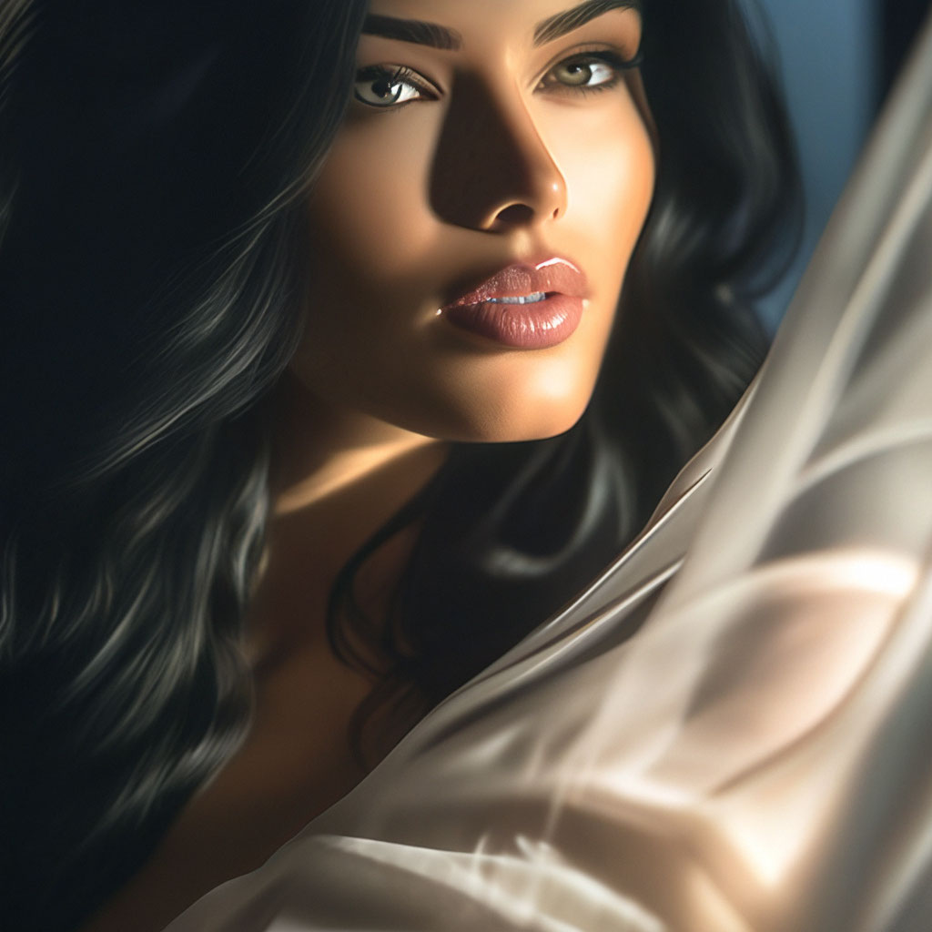 "A beautiful woman. long black hair, expressive eyes, plump lips ...