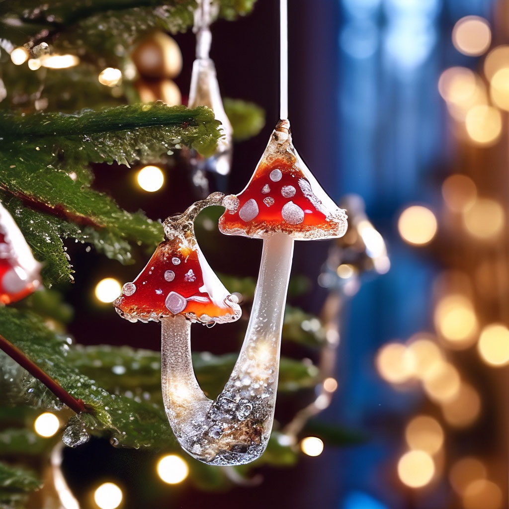 "Glass, small, elegant magic toadstools made of glass hang on a fir ...