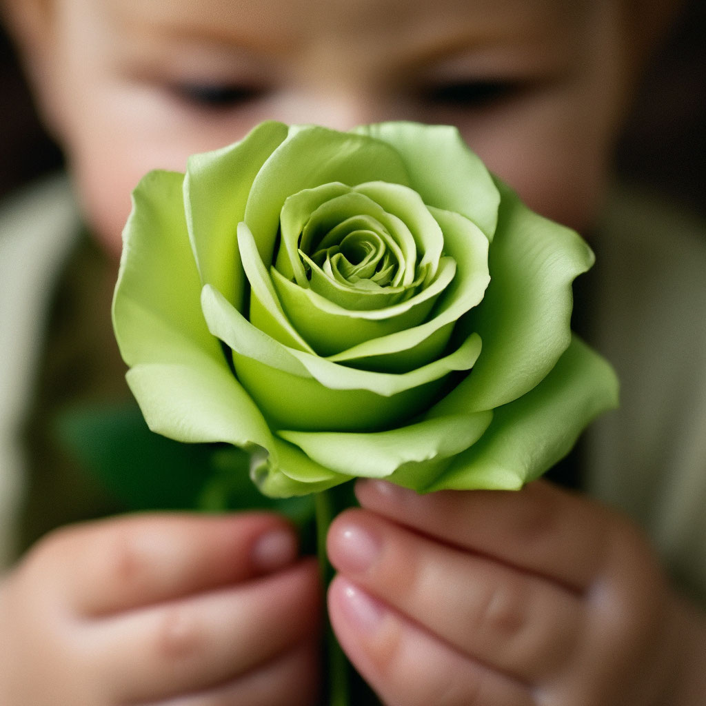 "An open bud of a green rose in the hands of a newborn baby" — image ...