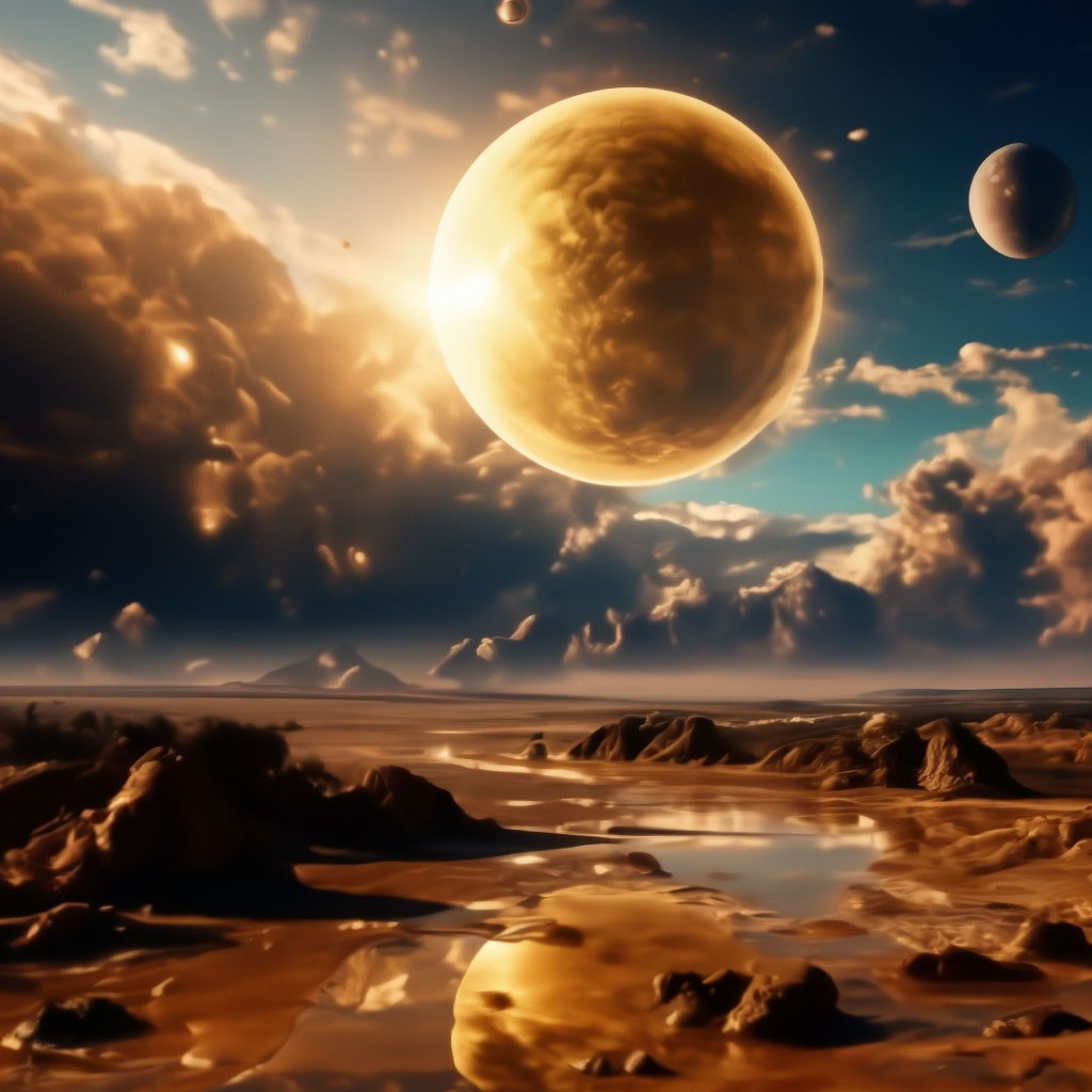"Golden planets, sandy sky, fluffy bright clouds, hyper realistic, high ...