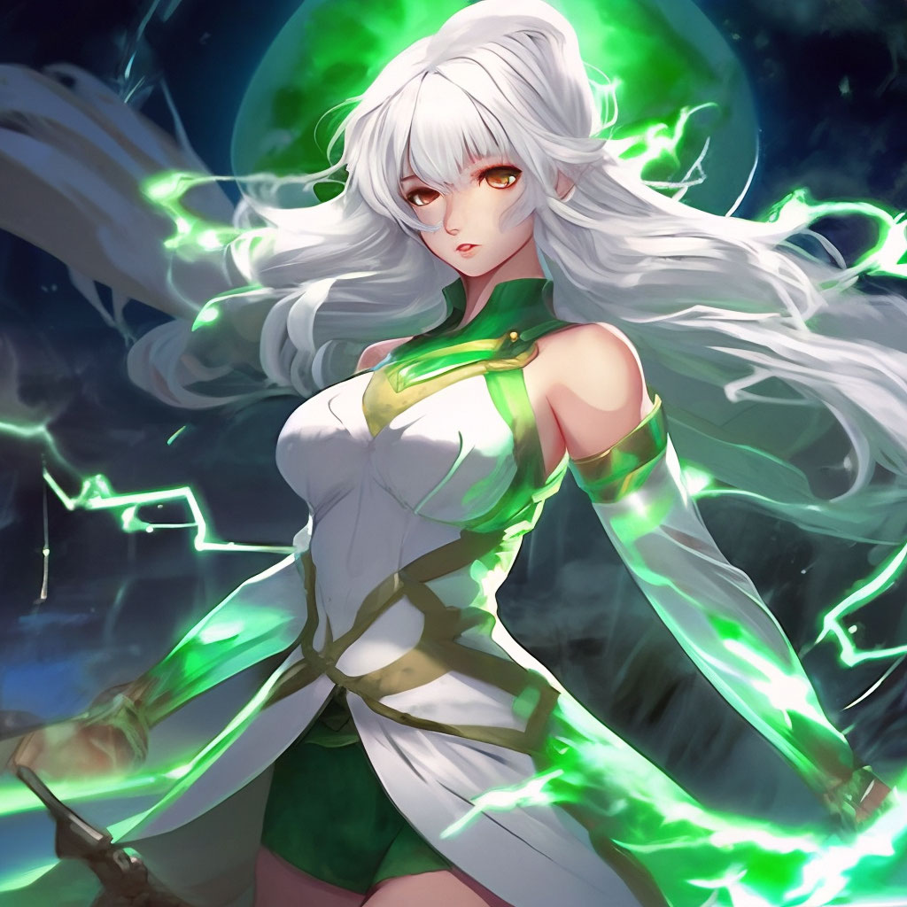"A goddes woman, white hair, green eyes, anime style, anime, raiden ...