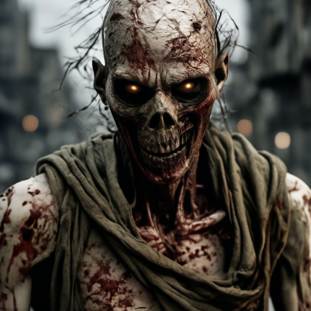 "Creepy zombie in bandages post-apocalypse" — image created in Shedevrum