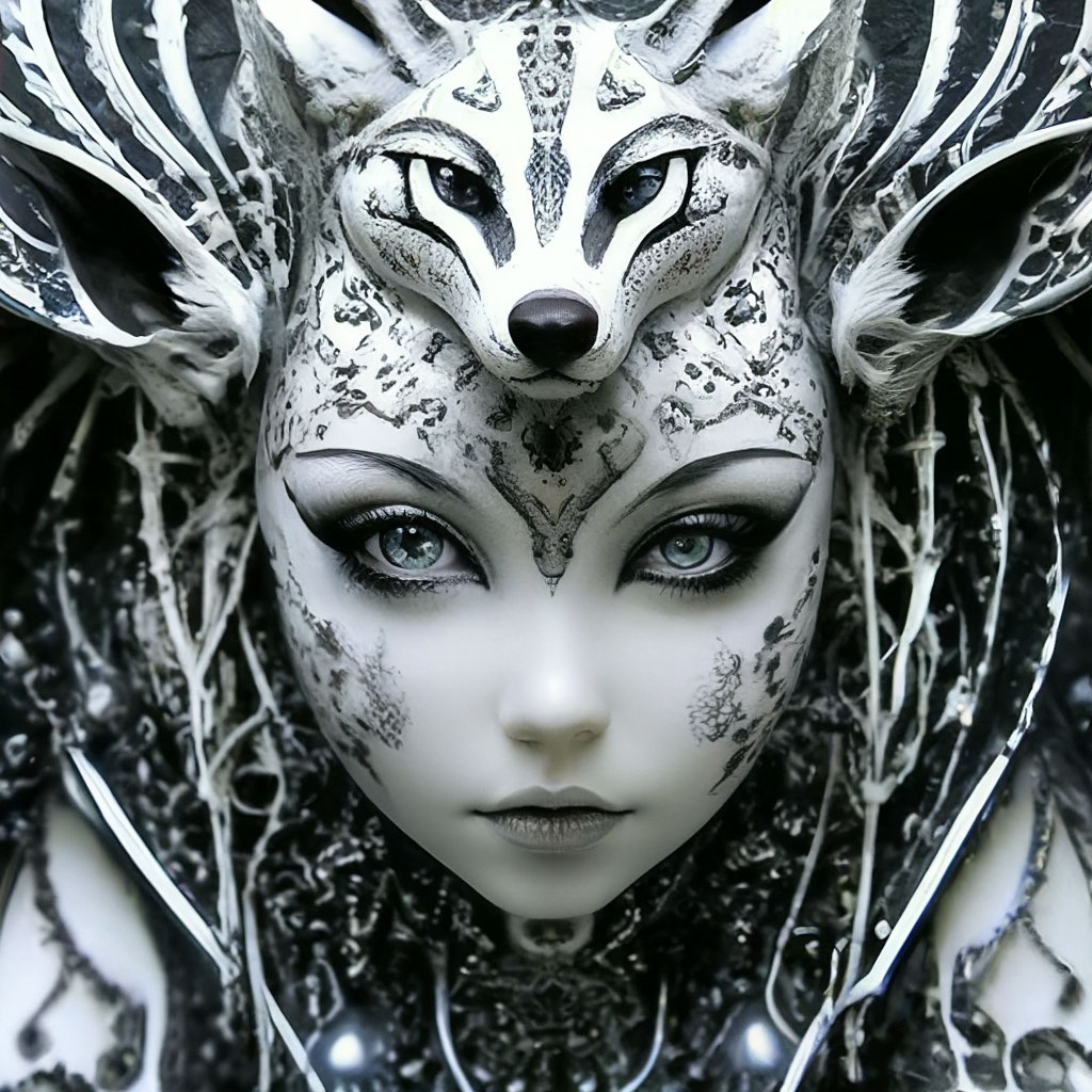 "Alien girl+ black fox morph, clear large eyes in focus, long eyelashes ...