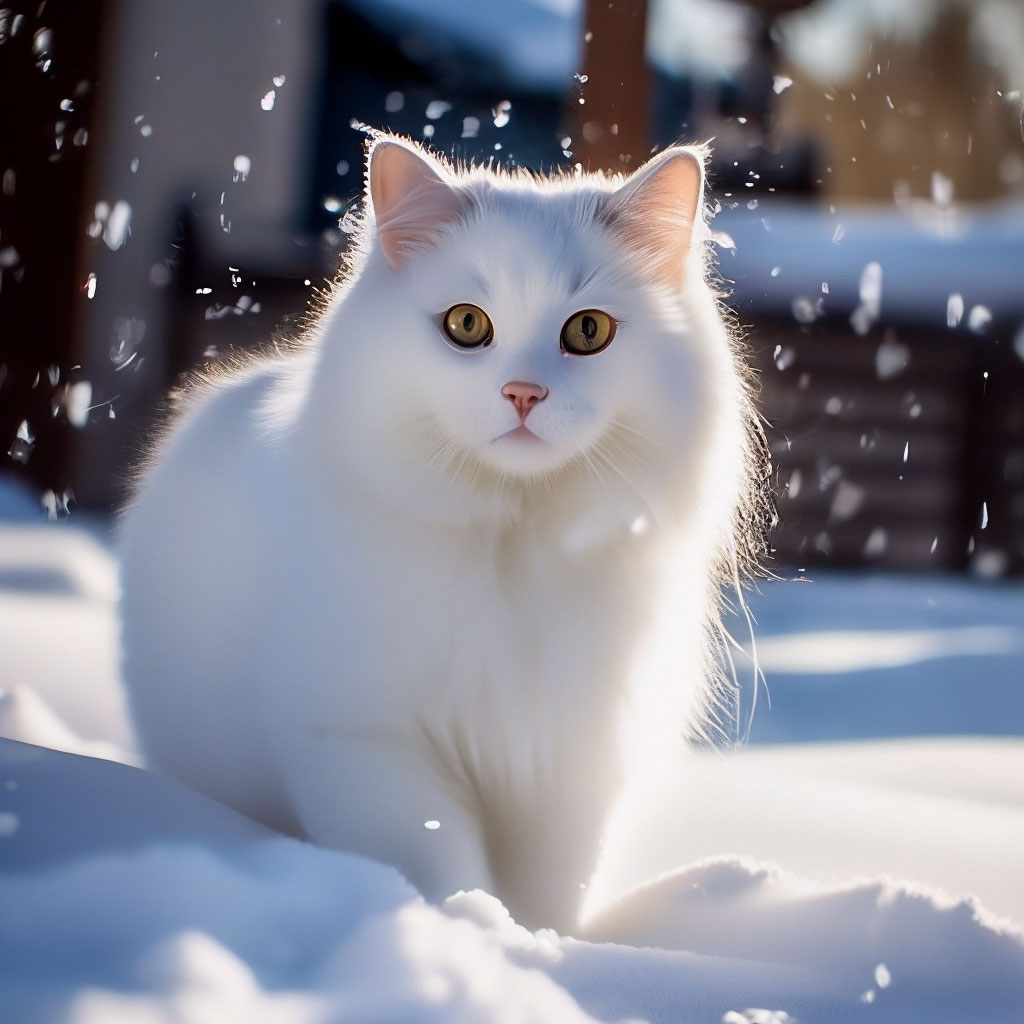 "White fluffy snow cute cat in the snow 64k" — image created in Shedevrum
