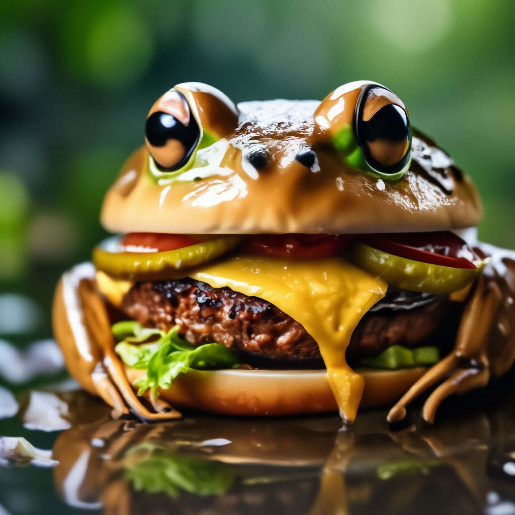 "Burger frog, very tasty, frog, hyper realization, purity of frames ...