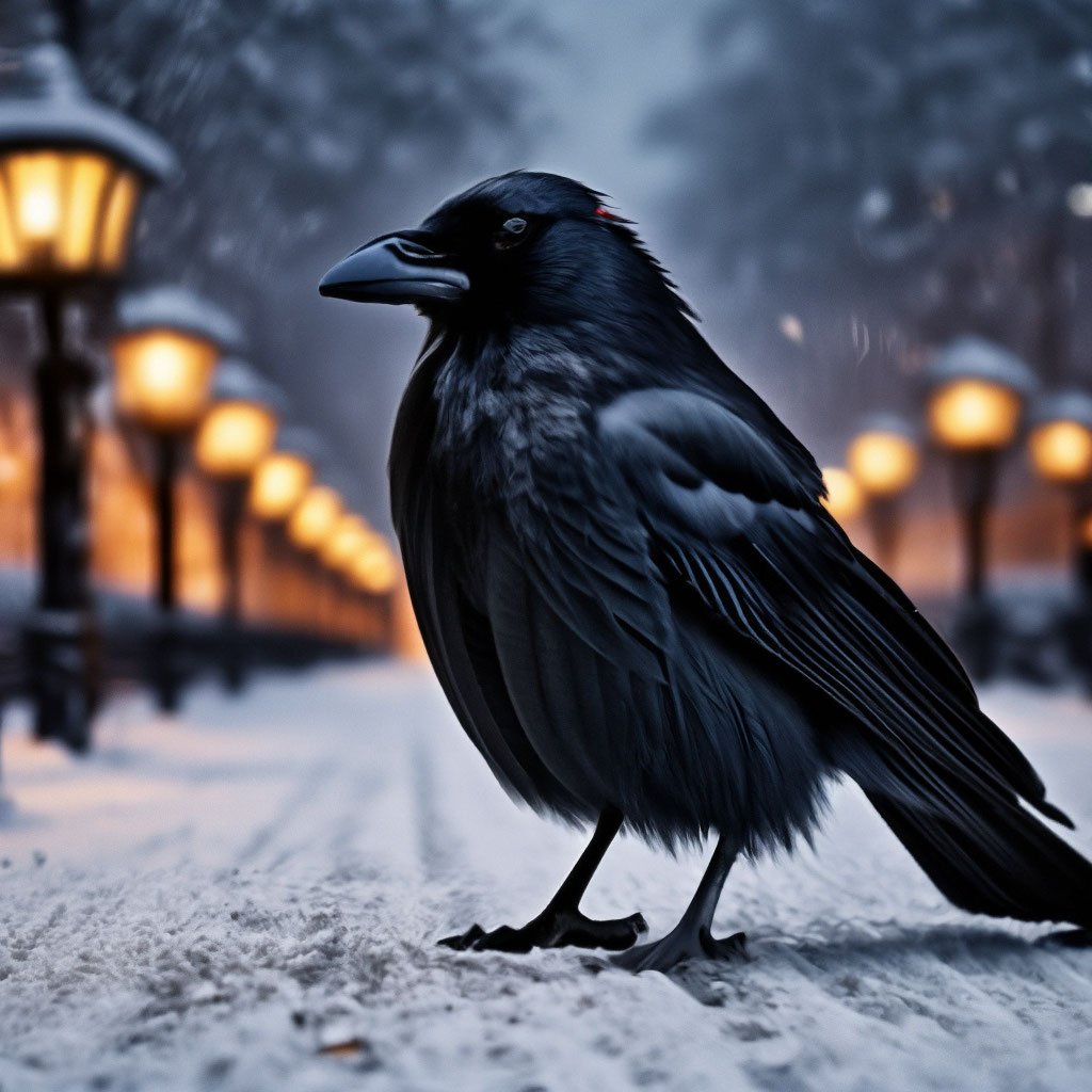 "Snow-covered winter park lanterns a raven companion walks along a snow ...