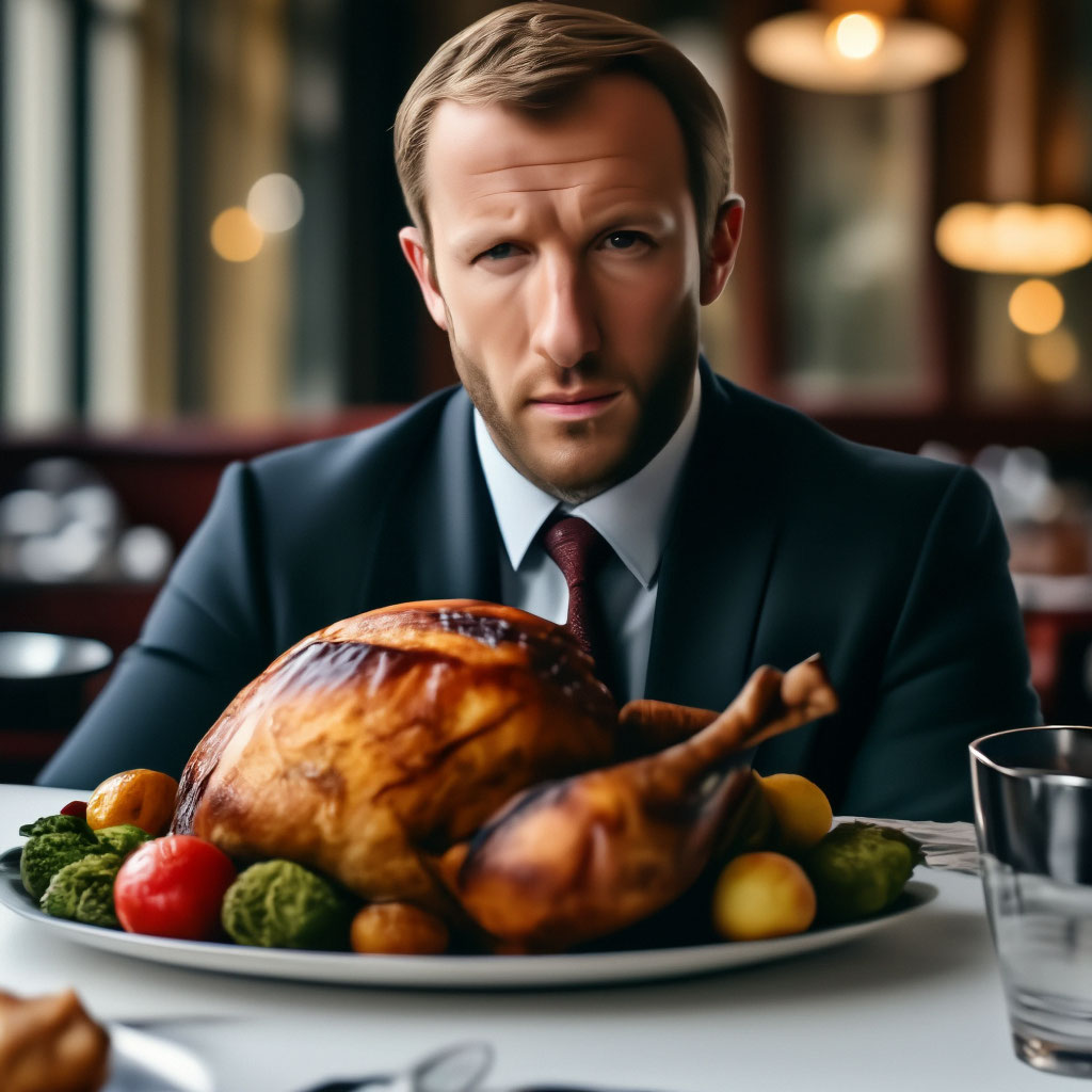 "Guy Ritchie is sitting in a restaurant in front of a baked turkey ...