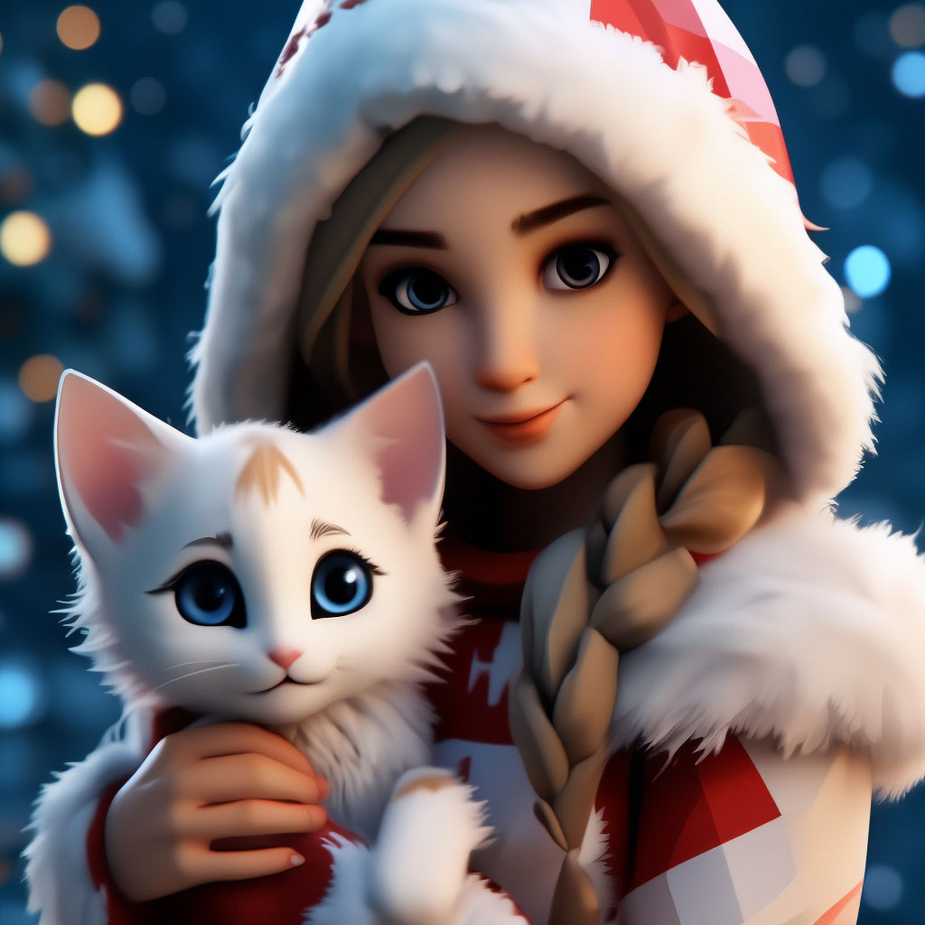"Animated cute girl in a snow maiden costume holding a cute kitten ...