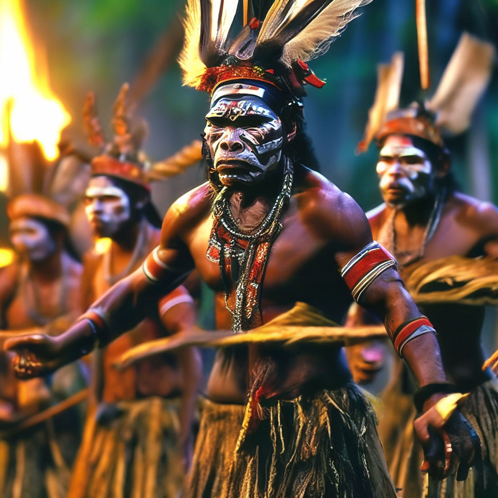 "Masked Papuans in a clearing around a campfire perform a national ...