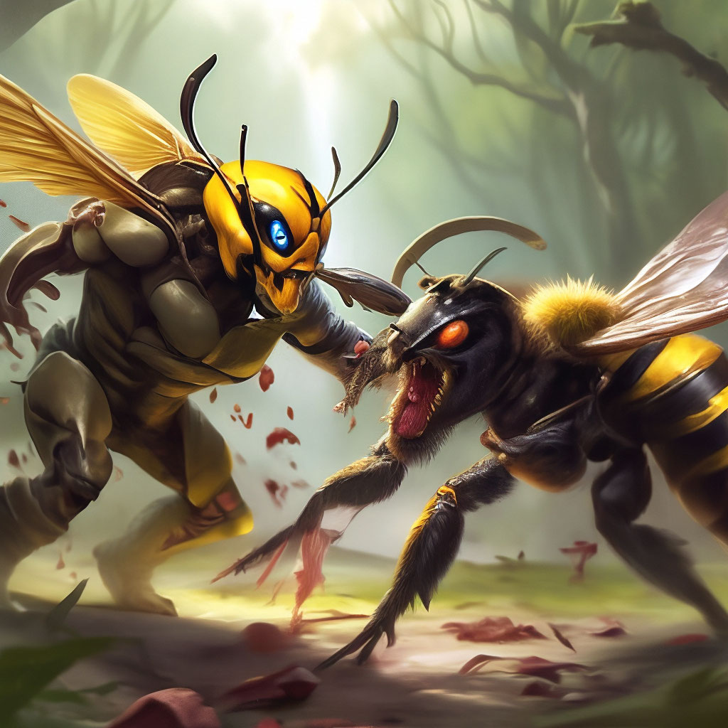 "Bumblebee zombie in a fight with a man-eating hornet" — image created ...